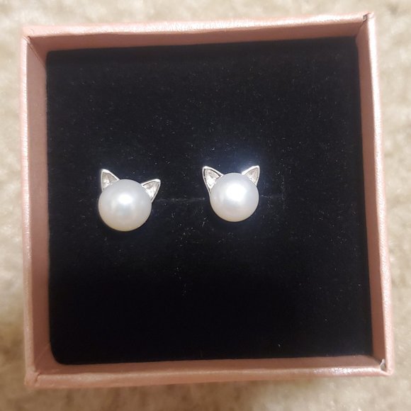 Wicary | Jewelry | Wicary Cat Earrings Sterling Silver Cultured Freshwater Pearl Stud Earrings ...
